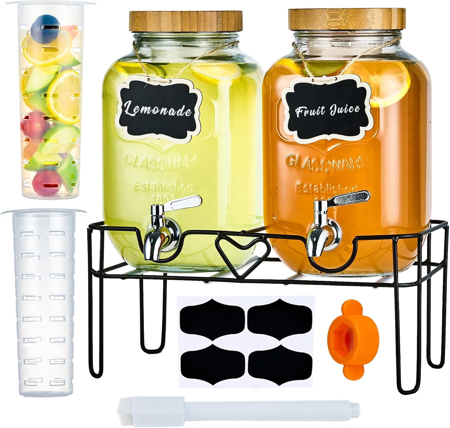 2 Pack1Gallon Glass Drink Dispenser with Stand&Bamboo Lids&Fruit ...
