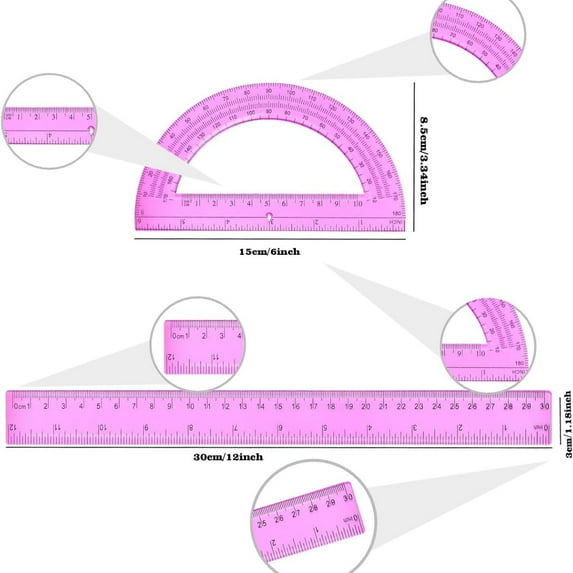 2 Packs 12 Inch Plastic Ruler and 6 Inch Plastic Protractor Set Clear ...