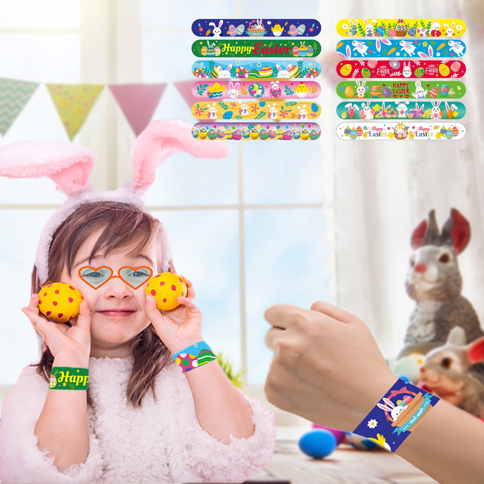 2 Packs 12 Pack Easter Wristbands for Kids Bunny Eggs Slap Bracelets ...