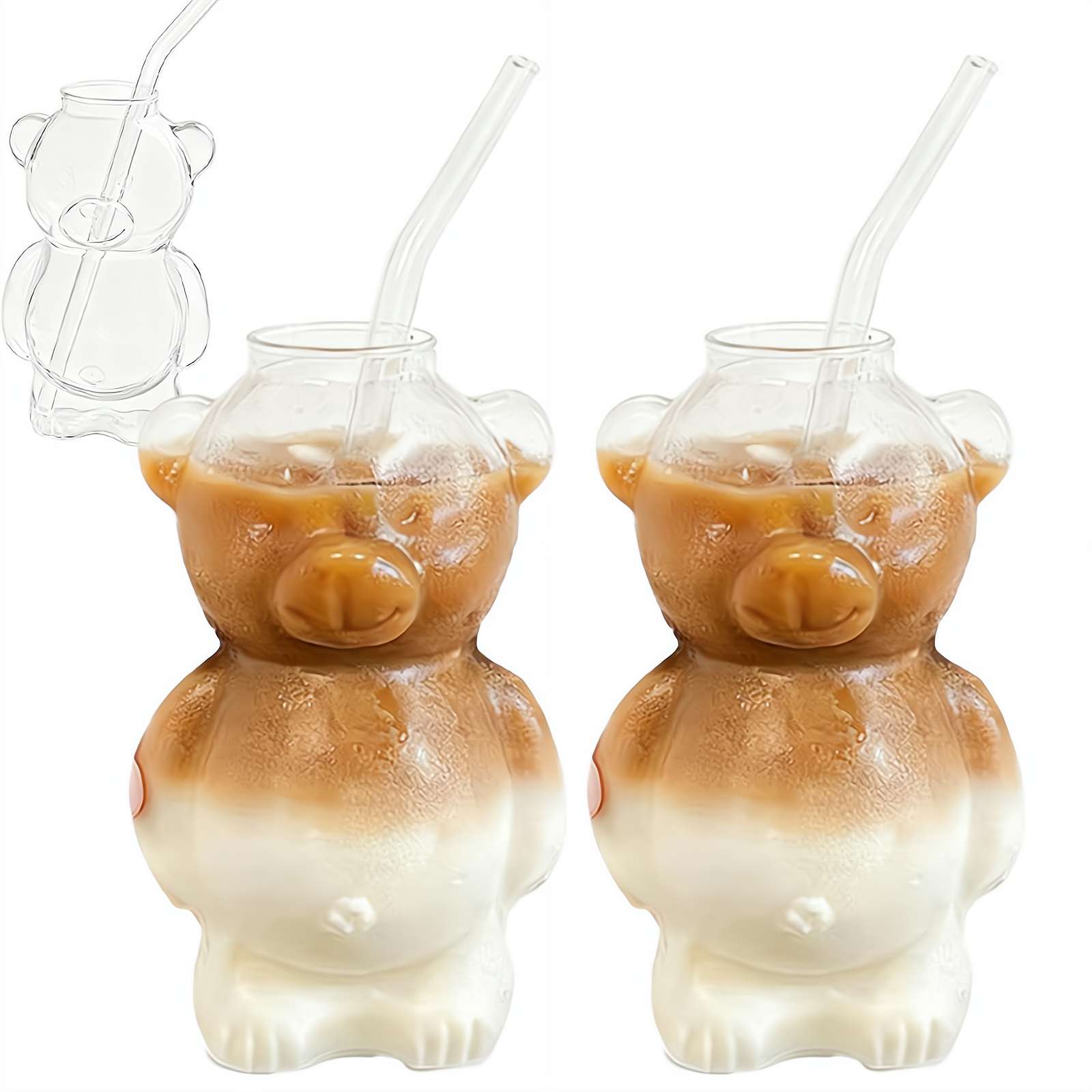 2 Packs 12 oz Cute Bear Glass Cup With Straw, Kawaii Bears Shaped Cups ...