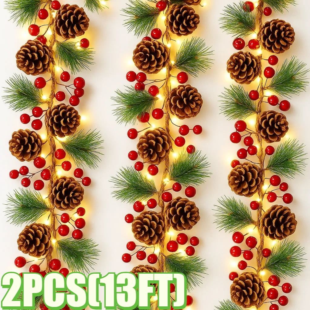 2 Packs 13/20 Ft Christmas Garland Decorations with Lights & Red ...
