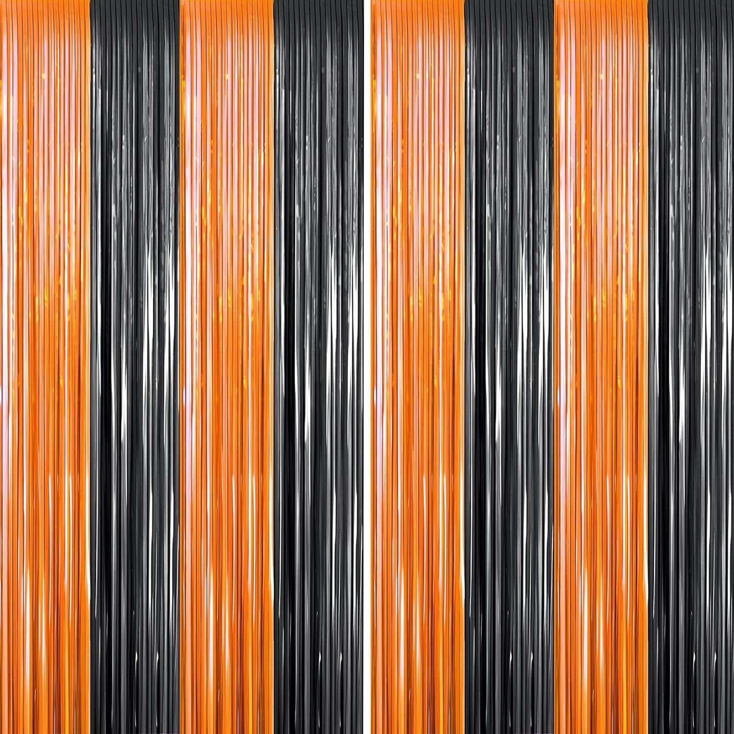 2 Packs 3ft x 8.4ft Orange Black Metallic Tinsel Foil Fringe Curtains ...