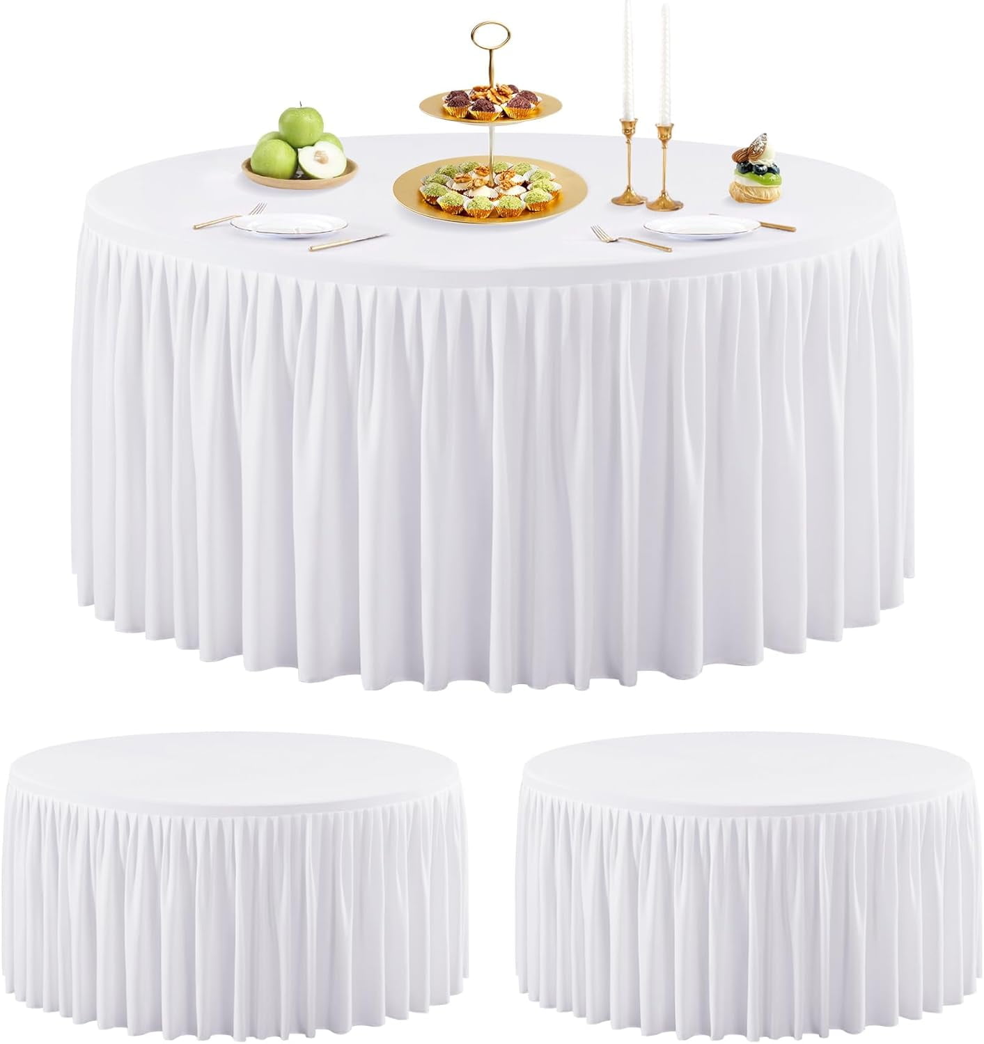 2 Packs 60 Inch White Stretchy Fitted Round Tablecloth, 5FT Wrinkle ...