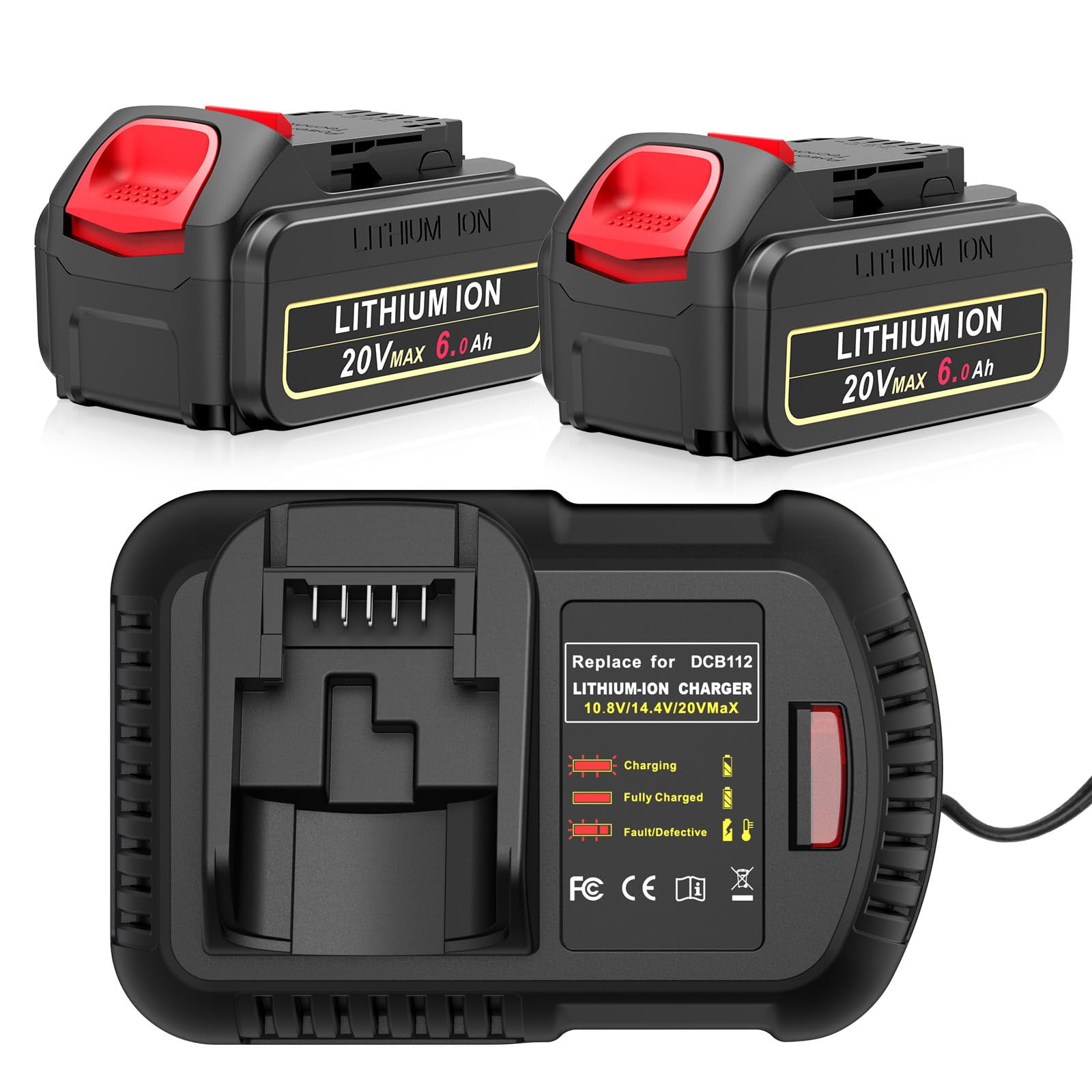 2 Packs 6000mAh Battery Replace for DeWalt 20V Max Battery with DCB112 ...