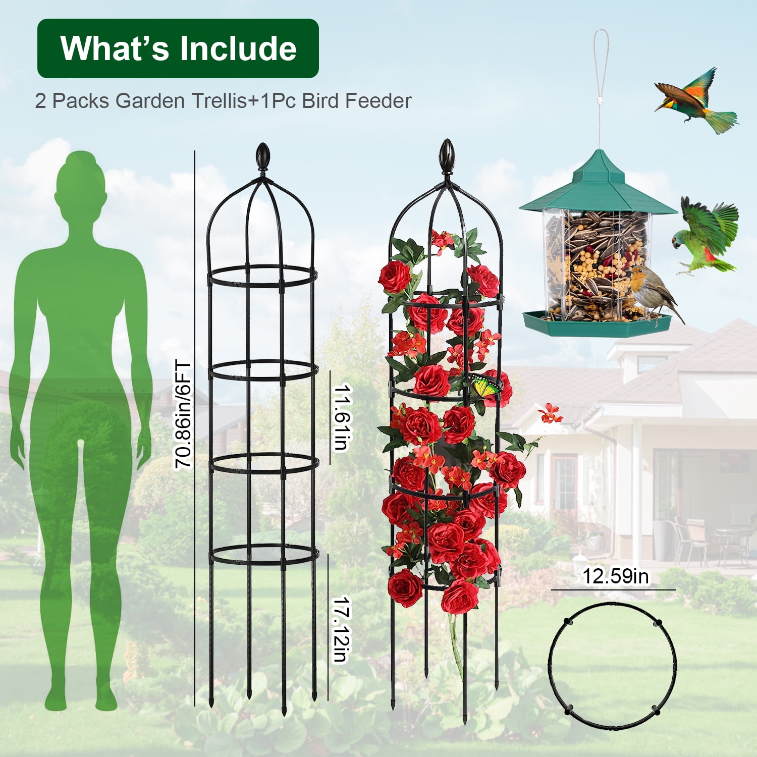 2 Packs 6FT Garden Obelisk Trellis Plants with 1Pc Brown Bird Feeder ...
