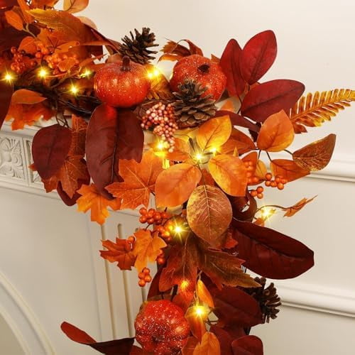 2 Packs 9ft Fall Garland with Lights, Autumn Leaves Garland with ...