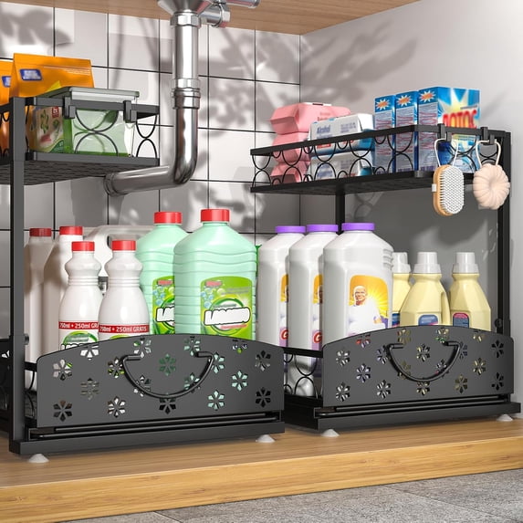 2 Packs Adjustable Height 2-Tier Under Sink Organizer, Large Metal ...