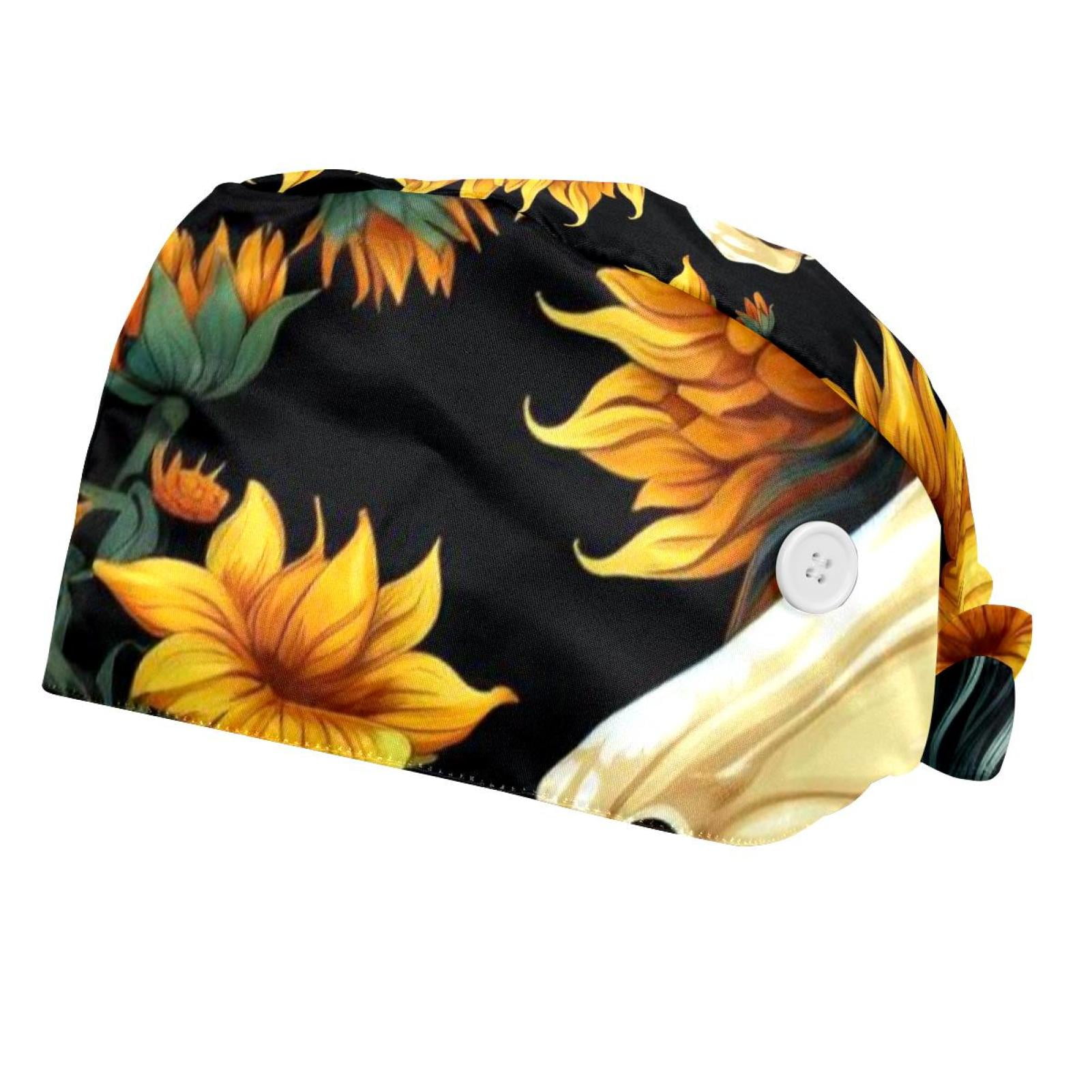 2 Packs Adjustable Working Cap with Button, Unicorn Skull Sunflower ...
