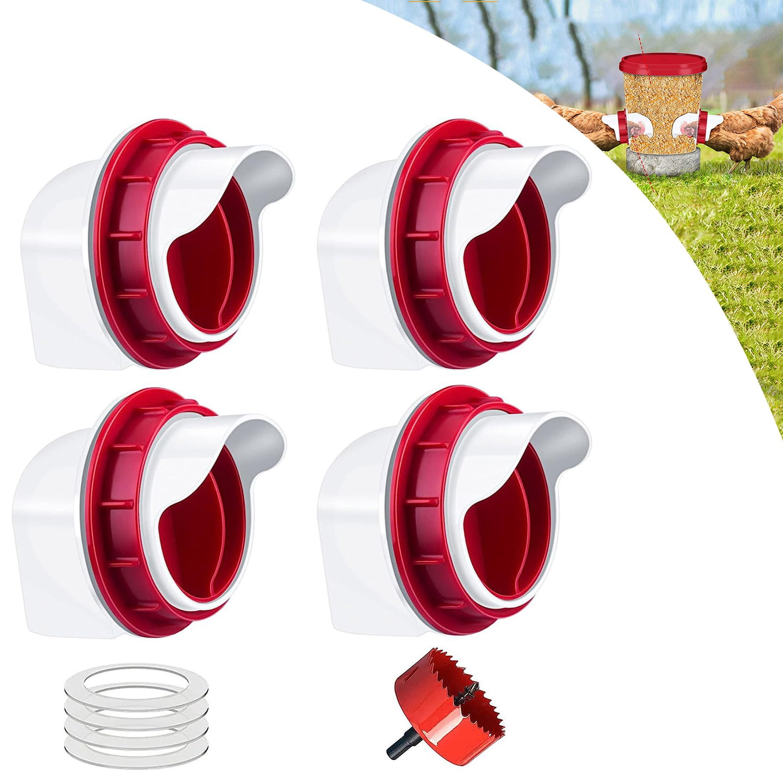 2 Packs Bird Feeders,Chicken Feeder No Waste 4 Ports Automatic Poultry ...
