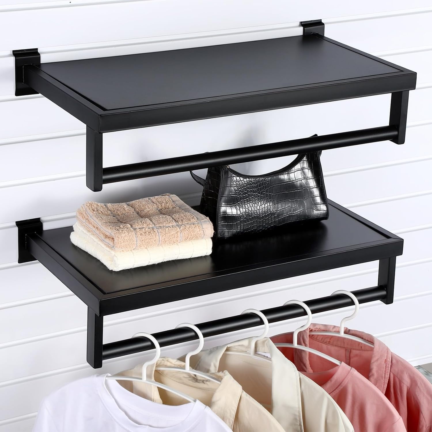 2 Packs Black Slatwall Shelf Clothes Rack with Top Shelf with Metal ...