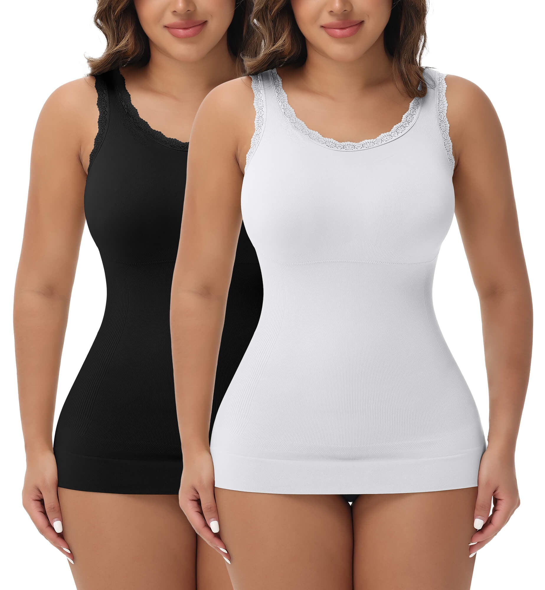 MANIFIQUE 2 Packs Women Tummy Control Shapewear Lace Tank Tops Seamless ...