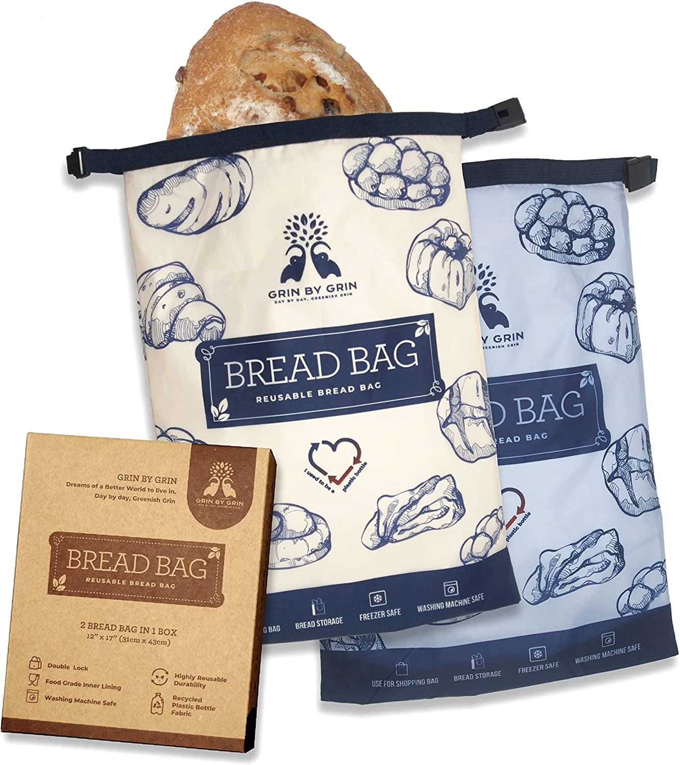 2 Packs Bread Bags, Zipper Reusable Bread Bags for Homemade Loaf ...