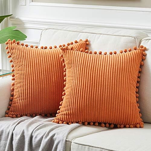 2 Packs Brunt Orange Decorative Throw Pillow Covers 22x22 Inch with Pom ...
