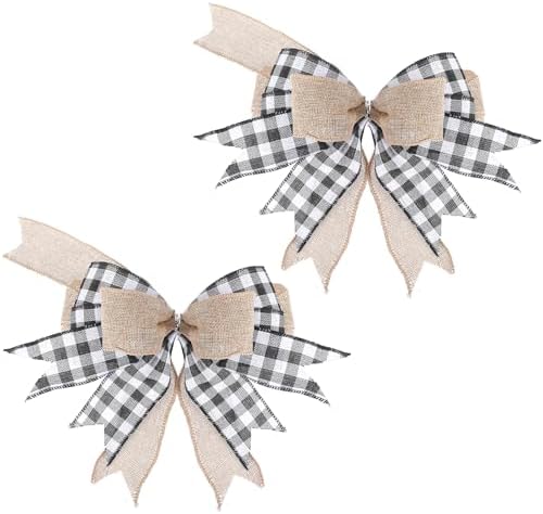 2 Packs Burlap Bows Pre-Tied, Black White Buffalo Plaid Bow, 12" x 9.4 ...