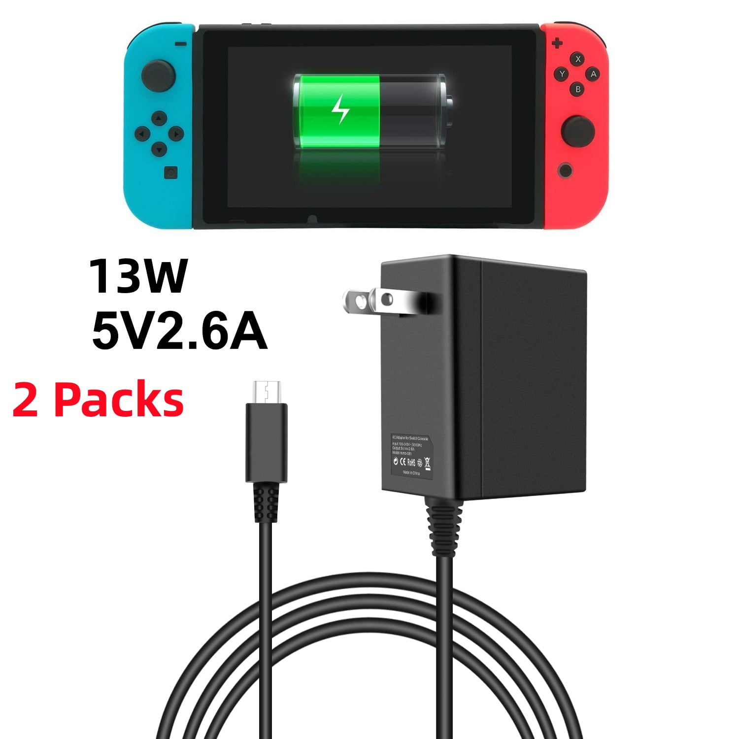2 Packs Charger for Nintendo Switch 5V/2.6A Switch Fast Charger UL ...