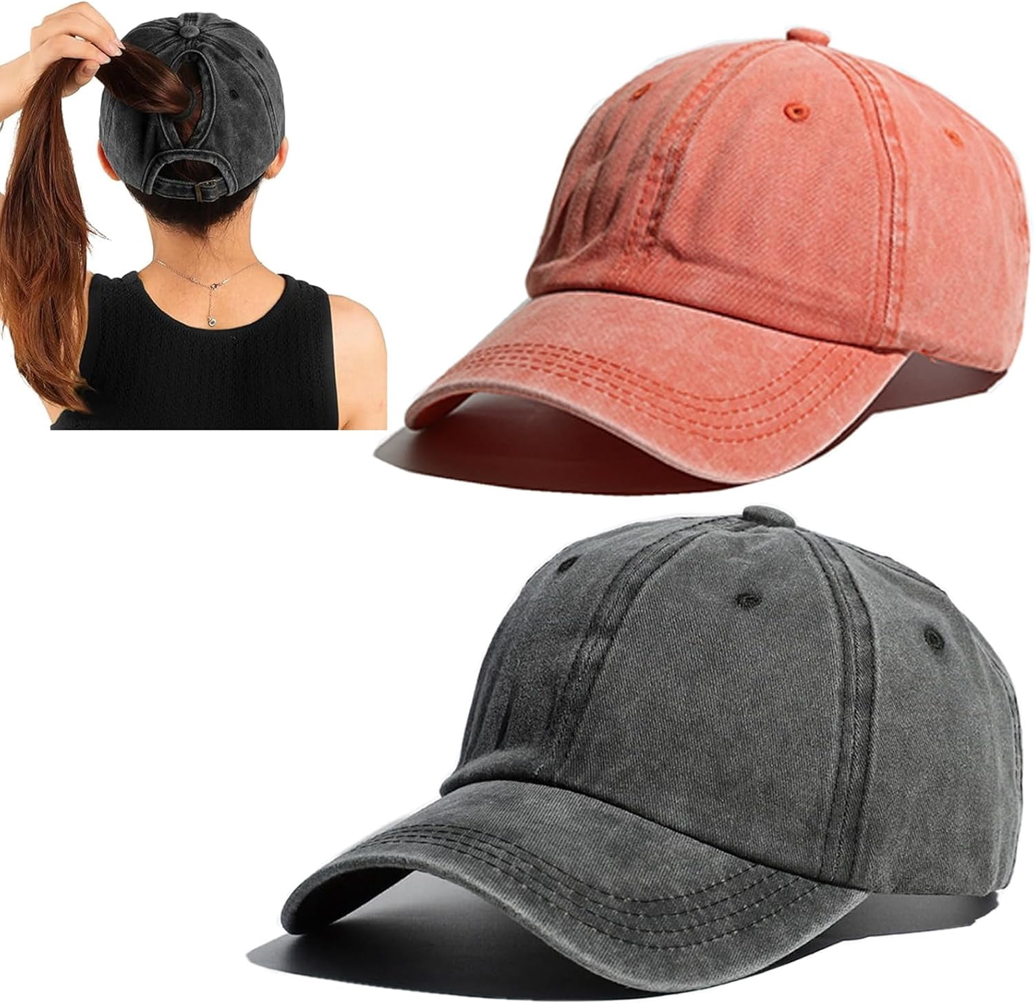 2 Packs Criss Cross Hat Womens Baseball Cap Distressed Ponytail Messy ...