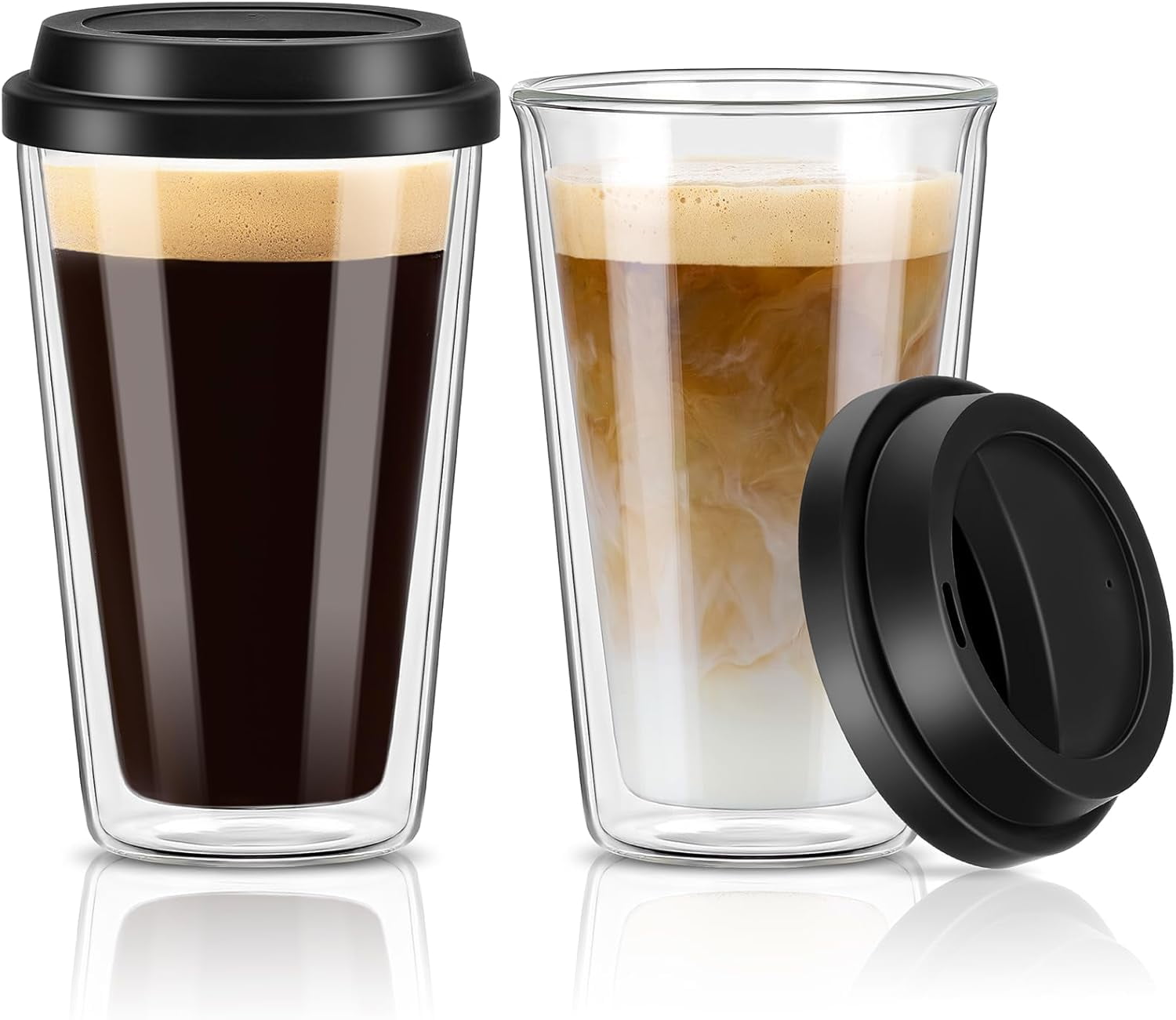 2 Packs Double Walled Glass Coffee Mugs with Silicone Lids, 12 OZ ...