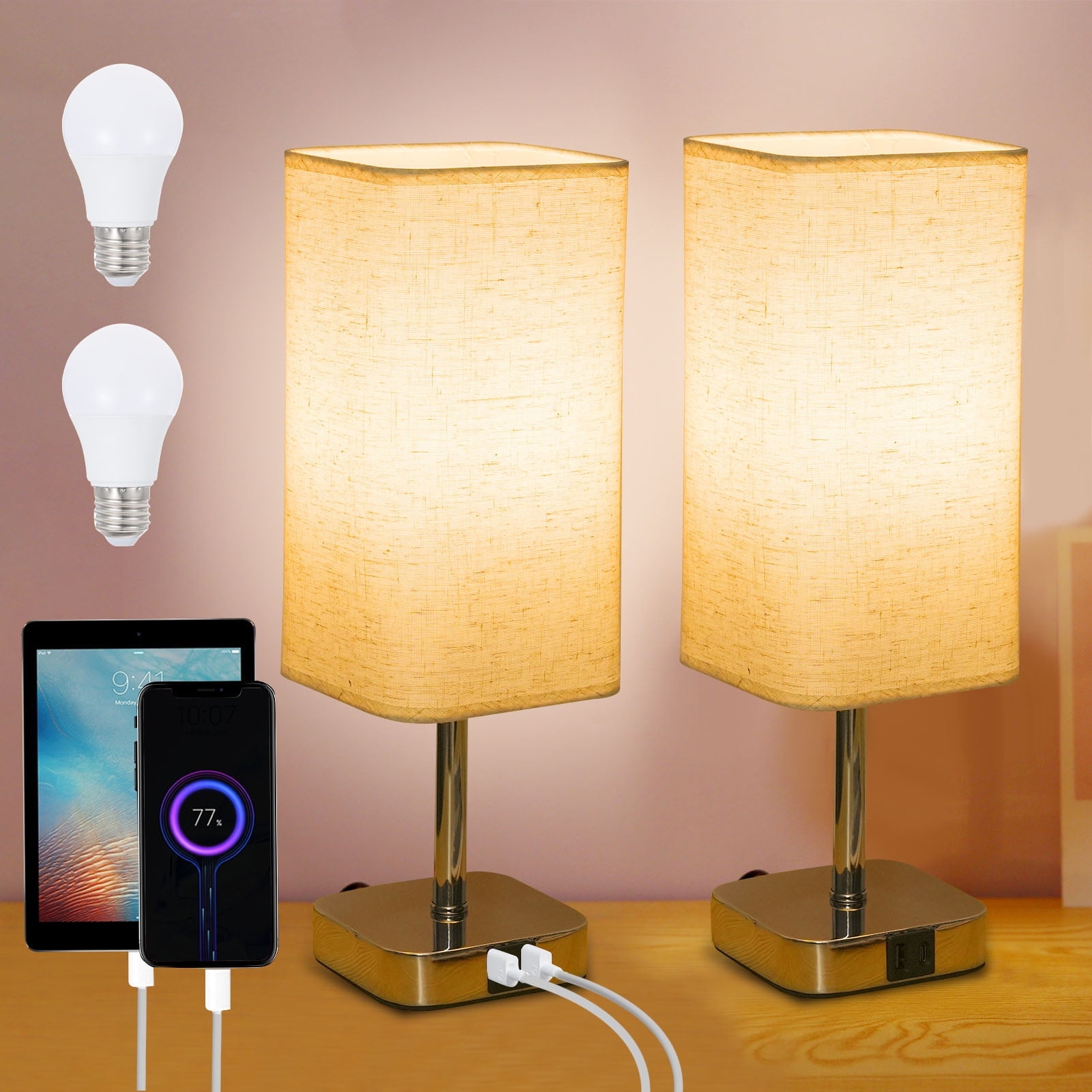 Neoglint 2 Pack Bedside Table Lamps, Touch Control, USB A+C Charging ...