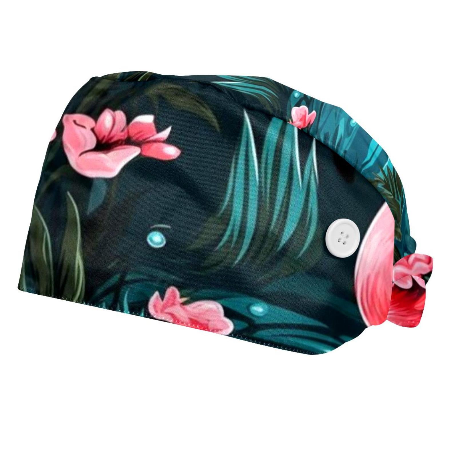 2 Packs Flamingo Rainforest Surgical Cap with Buttons for Long Hair ...