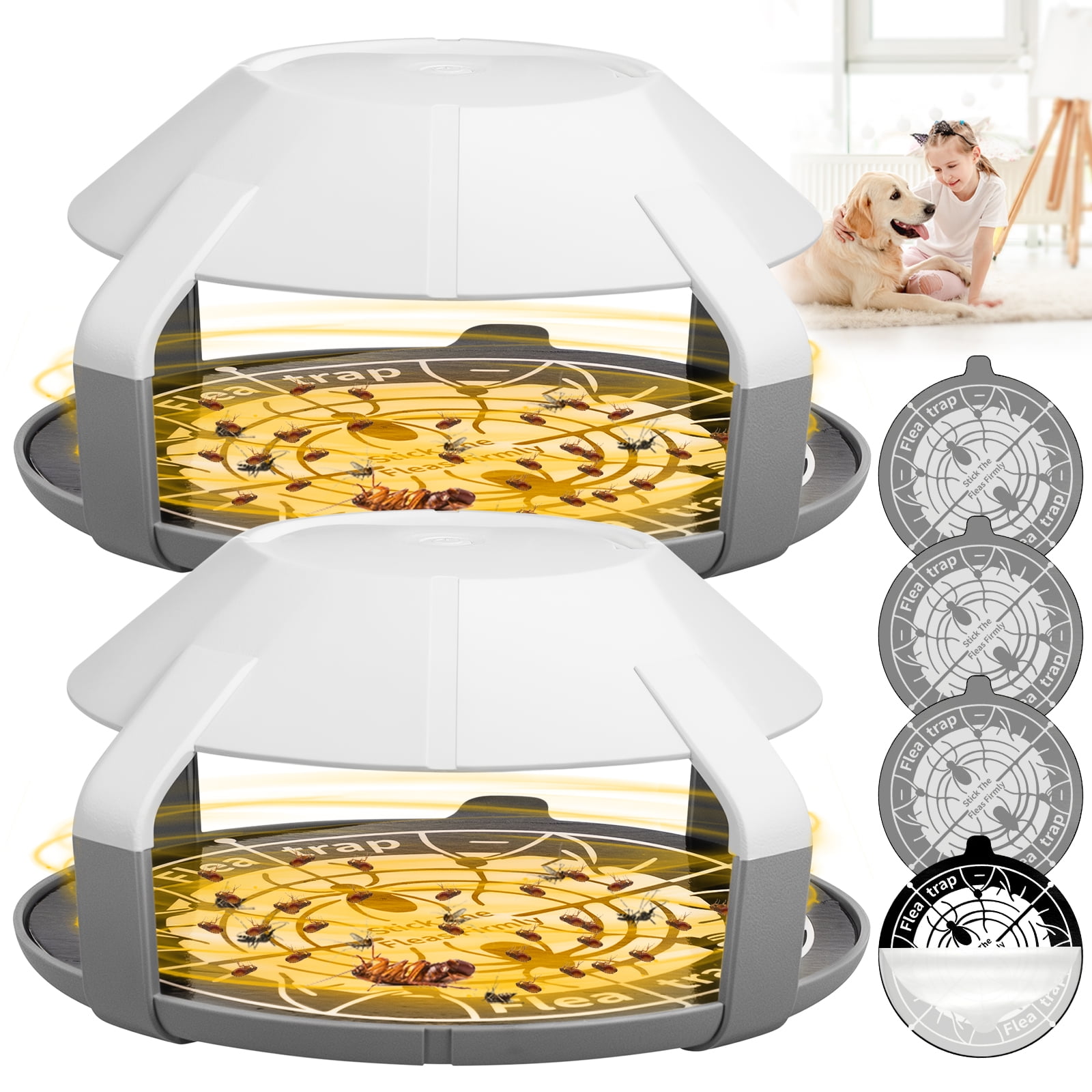 2 Packs Flea Traps with 4 Sticky Disc, Cordless & Hanging Flea Killer ...