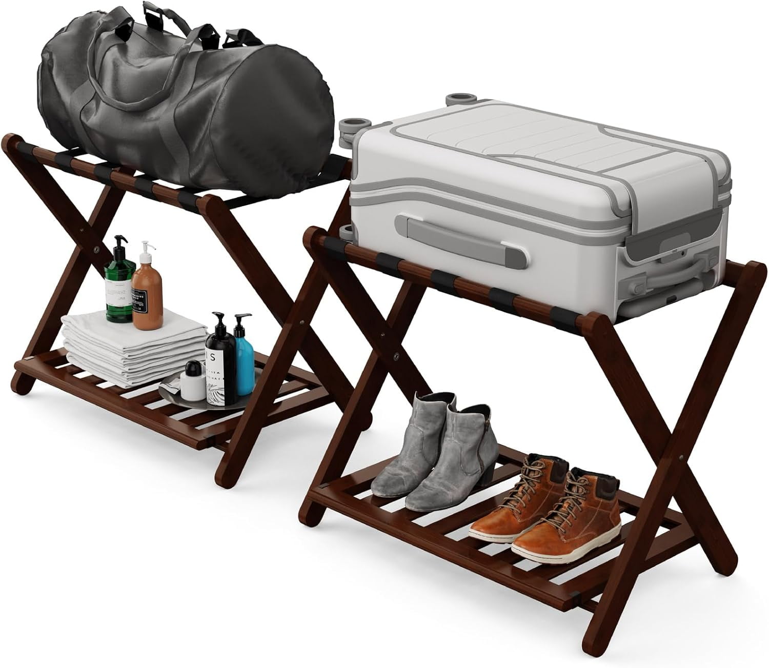 2 Packs Fully Assembled Luggage Rack, 5 Nylon Straps Folding Suitcase ...