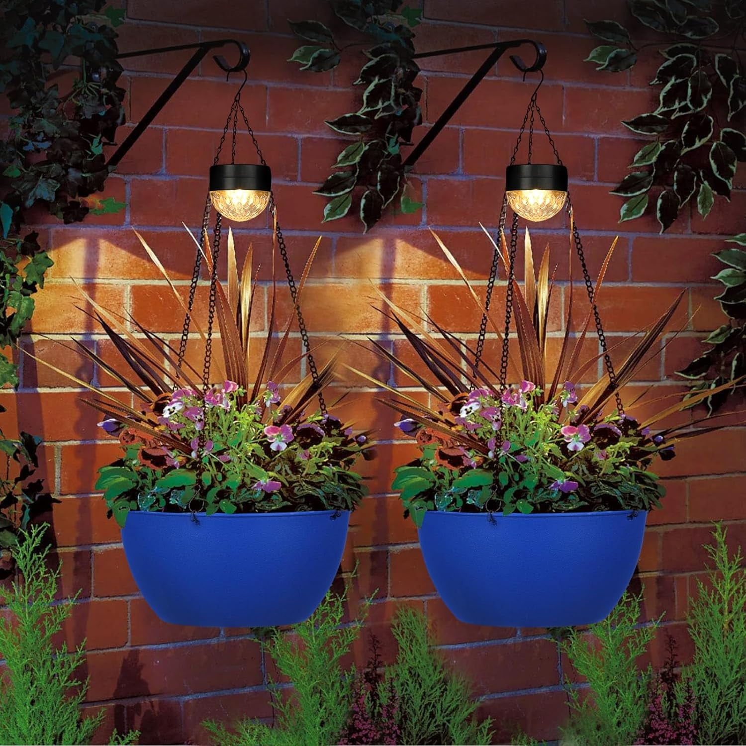 2 Packs Hanging Planters Basket for Outdoor Plants, Solar Powered Self ...