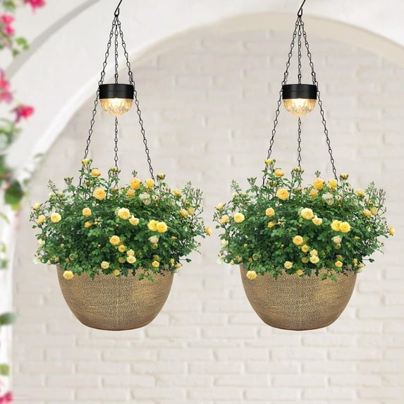 2 Packs Hanging Planters Basket for Outdoor Plants, Solar Powered Self ...