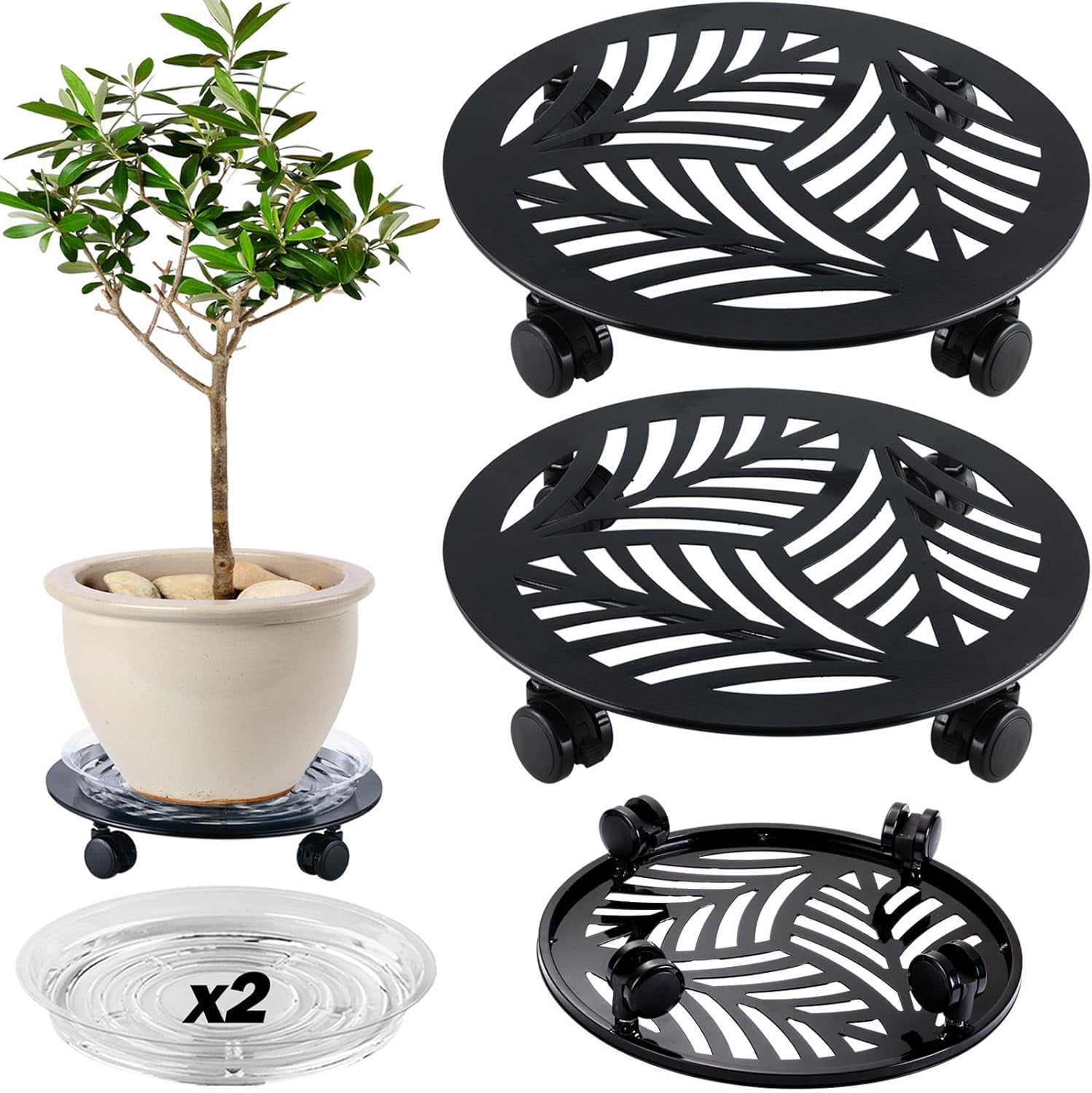2 Packs Large Metal Plant with PU Wheels 13.6" Heavy-duty Wrought Iron ...