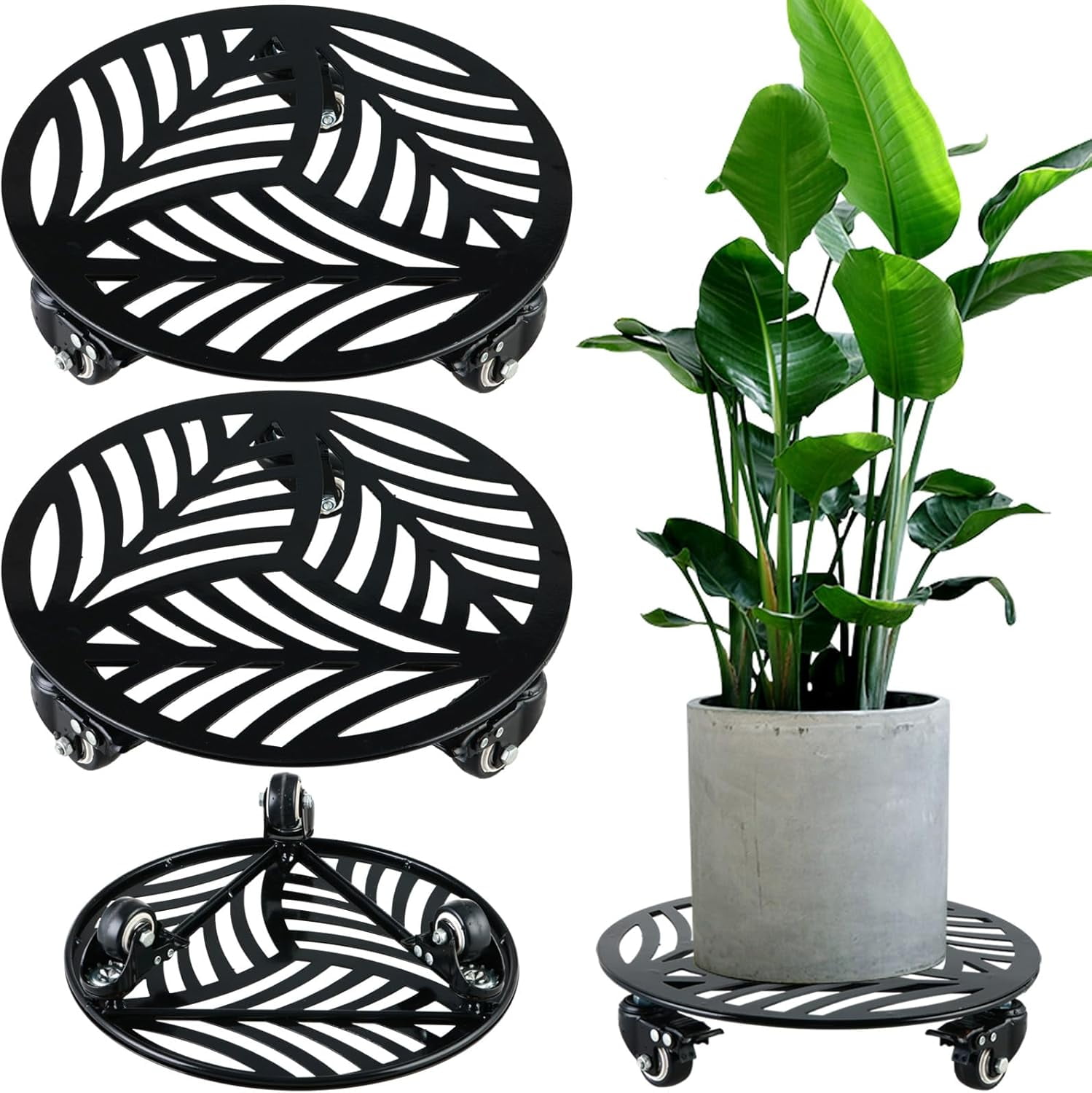 2 Packs Metal Plant with 3 Wheels 12” Heavy-duty Wrought Iron Rolling ...