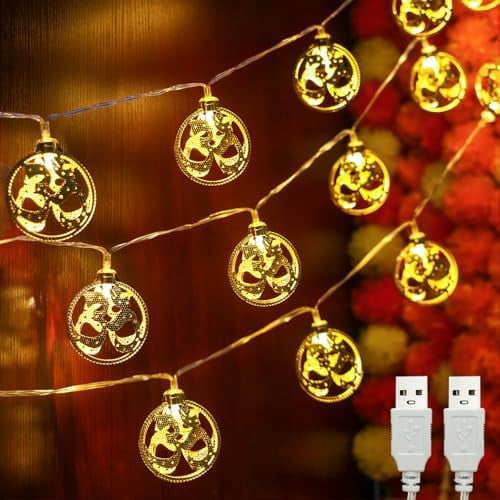 2 Packs OM Symbol Diwali String Lights - USB Powered Metal Gold Warm ...