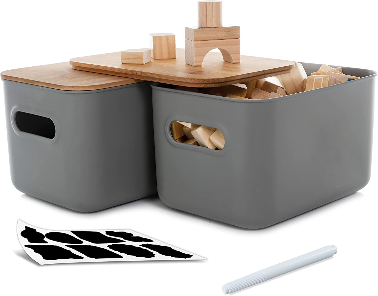 2 Packs Plastic Storage Bins with Bamboo lids Stackable Storage ...