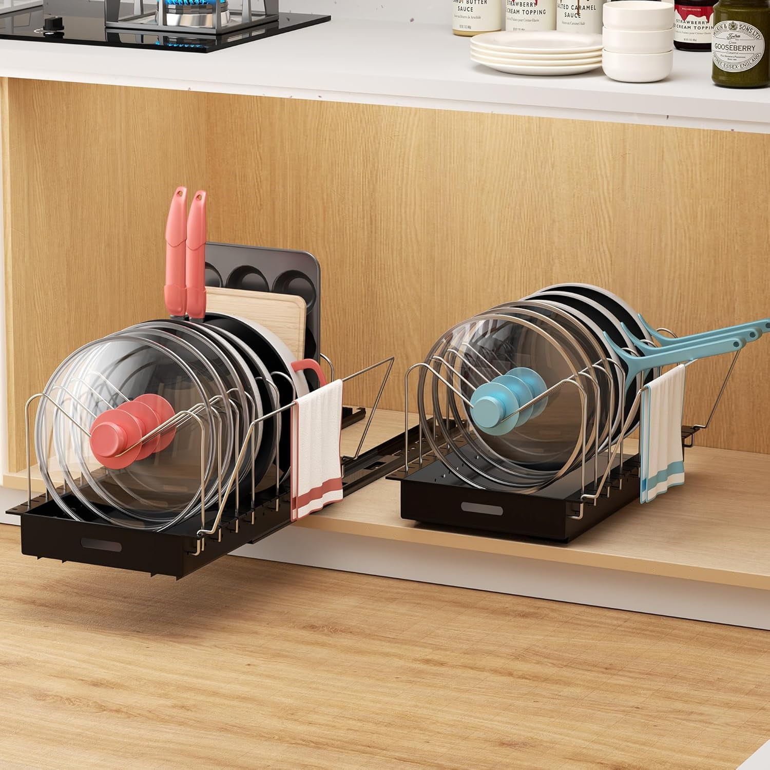 2 Packs Pots and Pans Organizer Under Cabinet, No Drill Slide-Out Pan ...