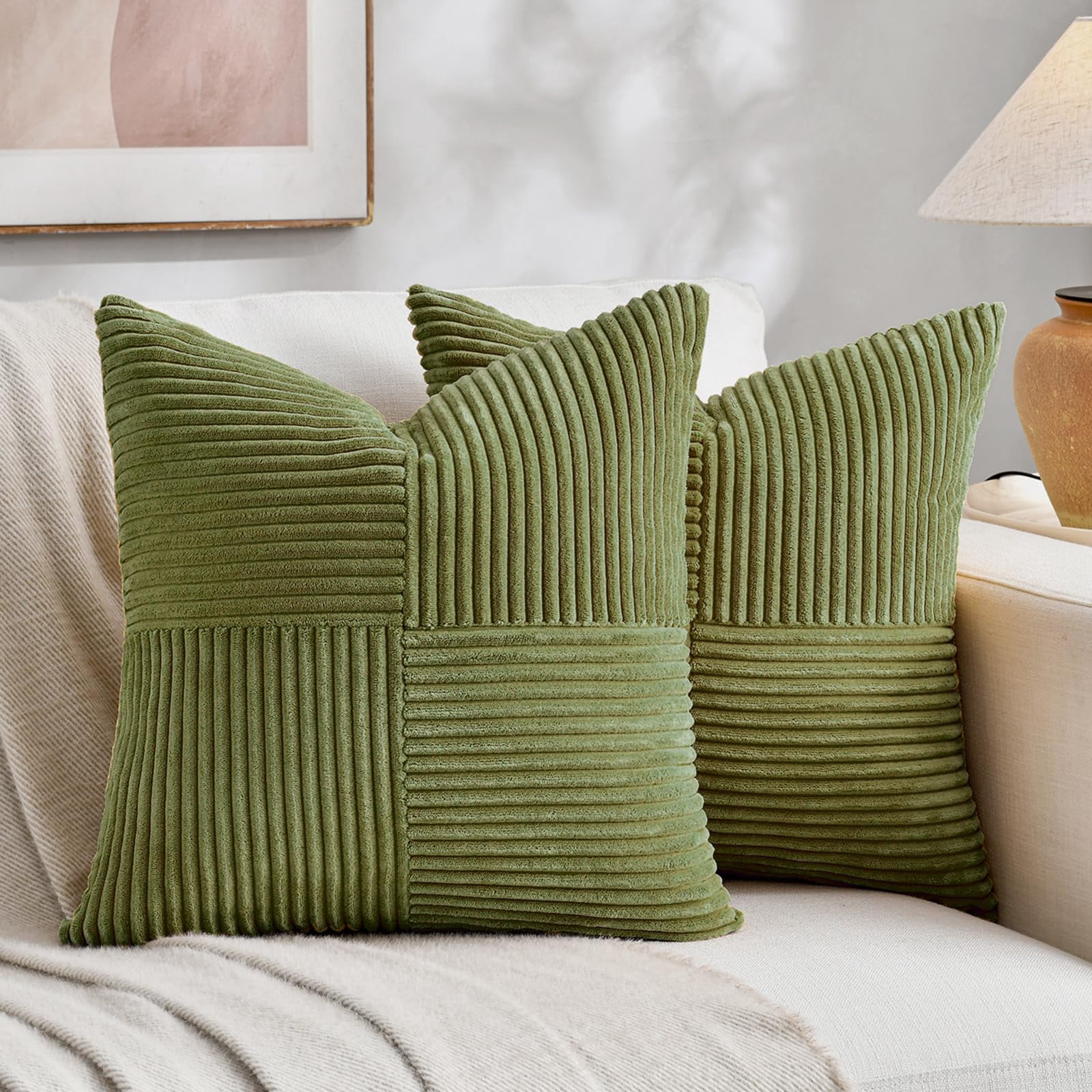2 Packs Sage Green Lumbar Pillow Covers 12x20 Inch Soft Striped ...