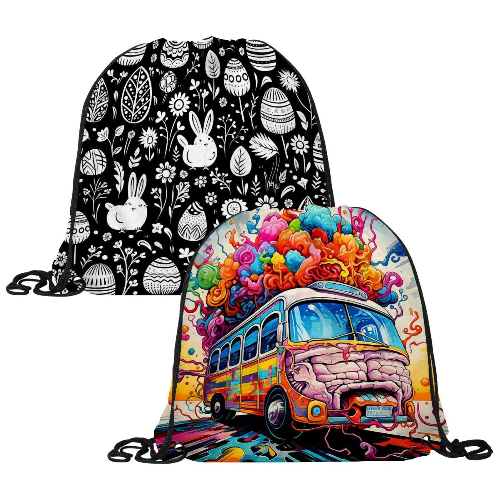 2 Packs Sports Gym Bags Brain and Bus Foldable Drawstring Backpacks for ...