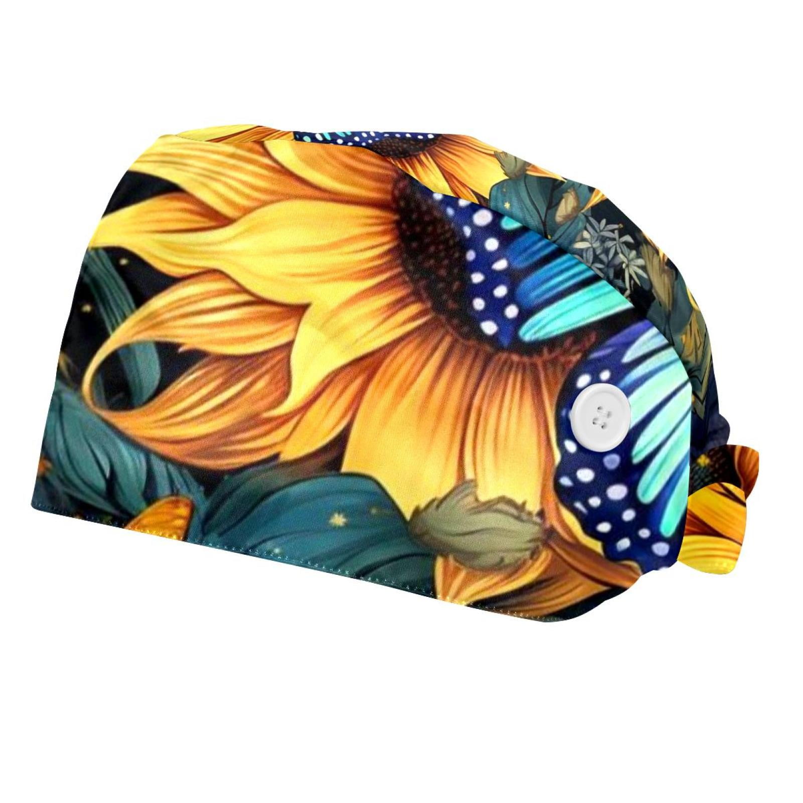 2 Packs Starry Night Sunflower Butterfly Surgical Cap with Buttons for ...
