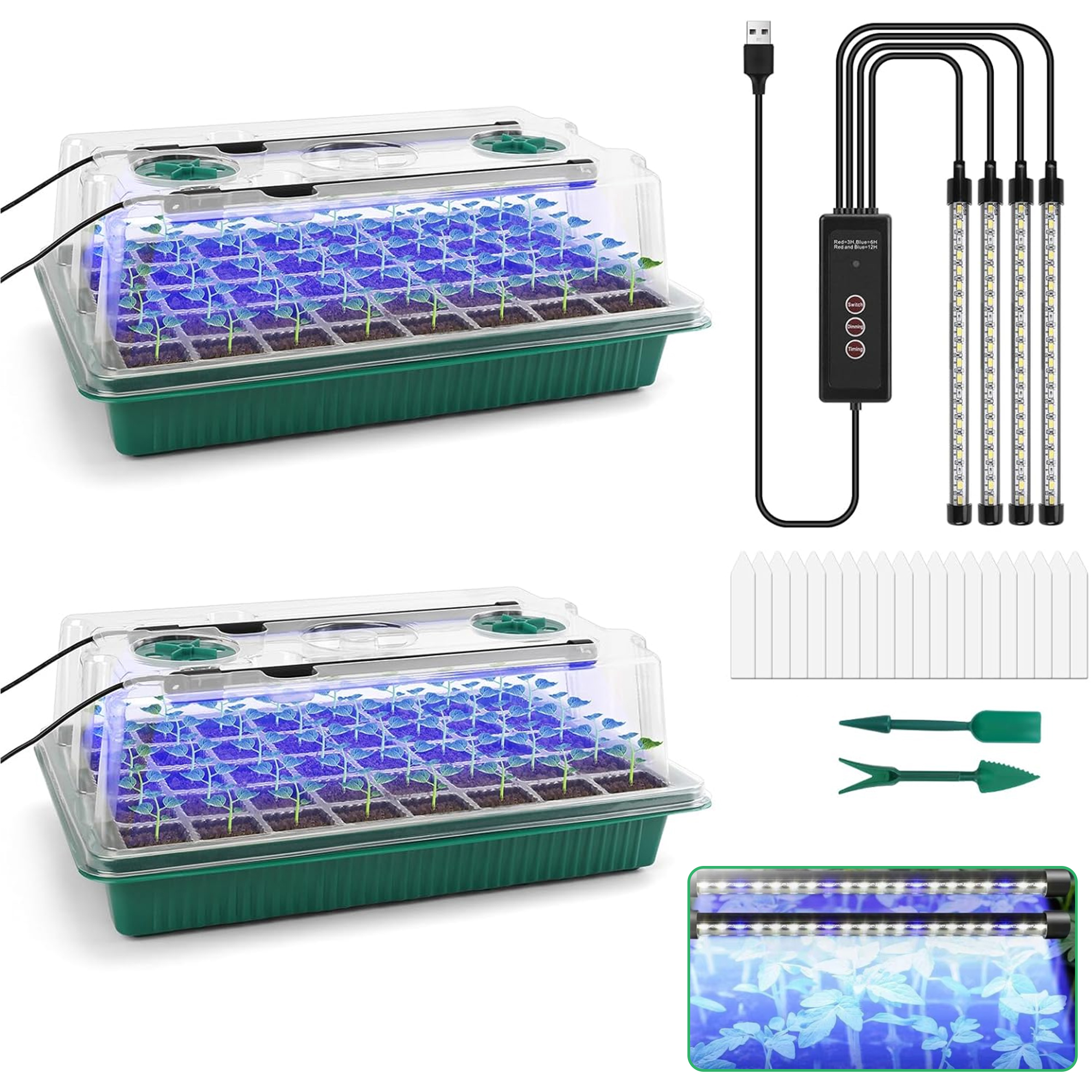 2 Packs Starter Tray with Grow Light, 80 Cells Seed Starter Kits with ...