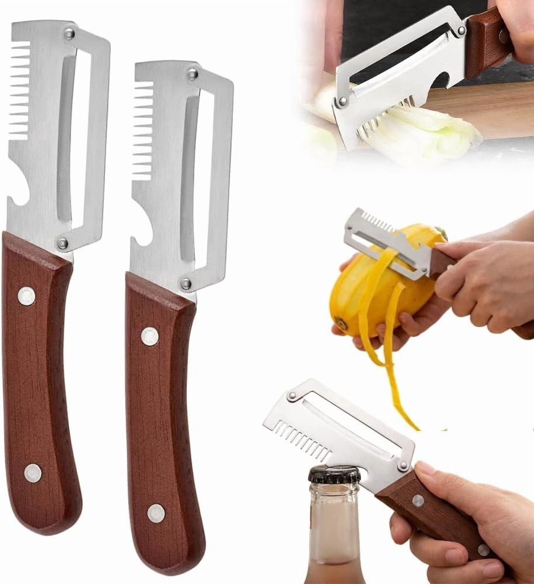 2 Packs Vegetable Peeler with Wooden Handle, Multi-Functional Bottle ...