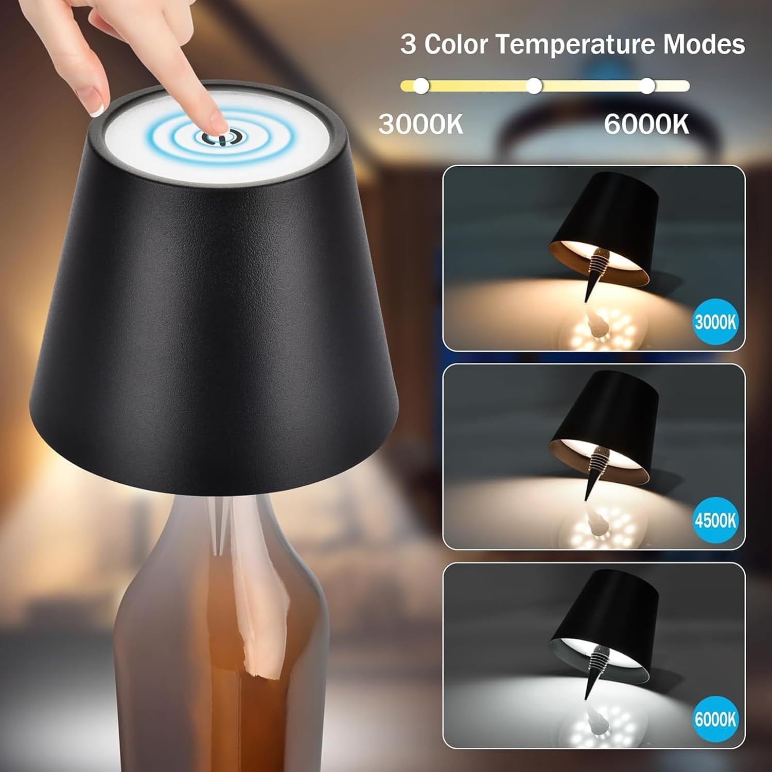 2 Packs Wireless Bottle Lamp, Portable LED Wireless Bottle Lamp with 3 ...