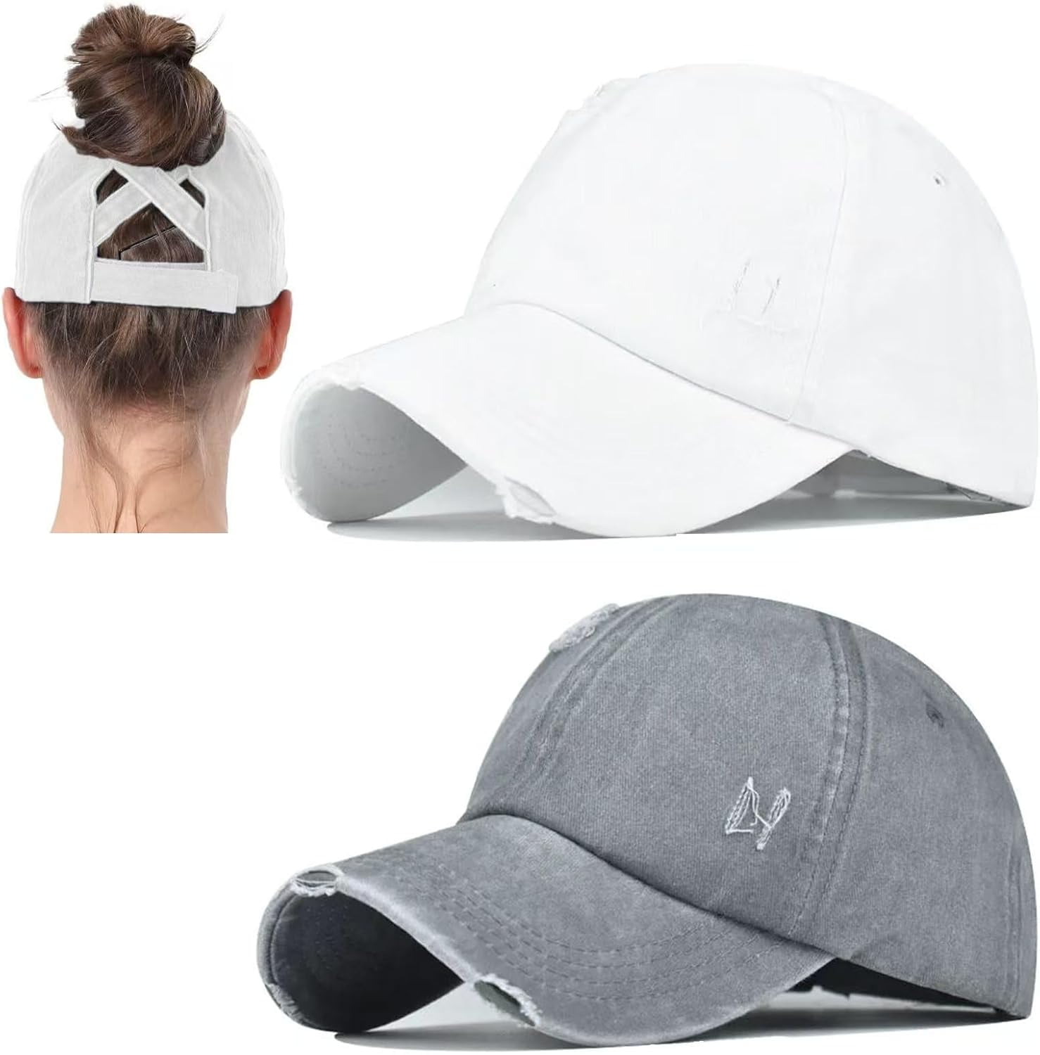 2 Packs Womens Ponytail Criss Cross Hat Baseball Cap Distressed ...