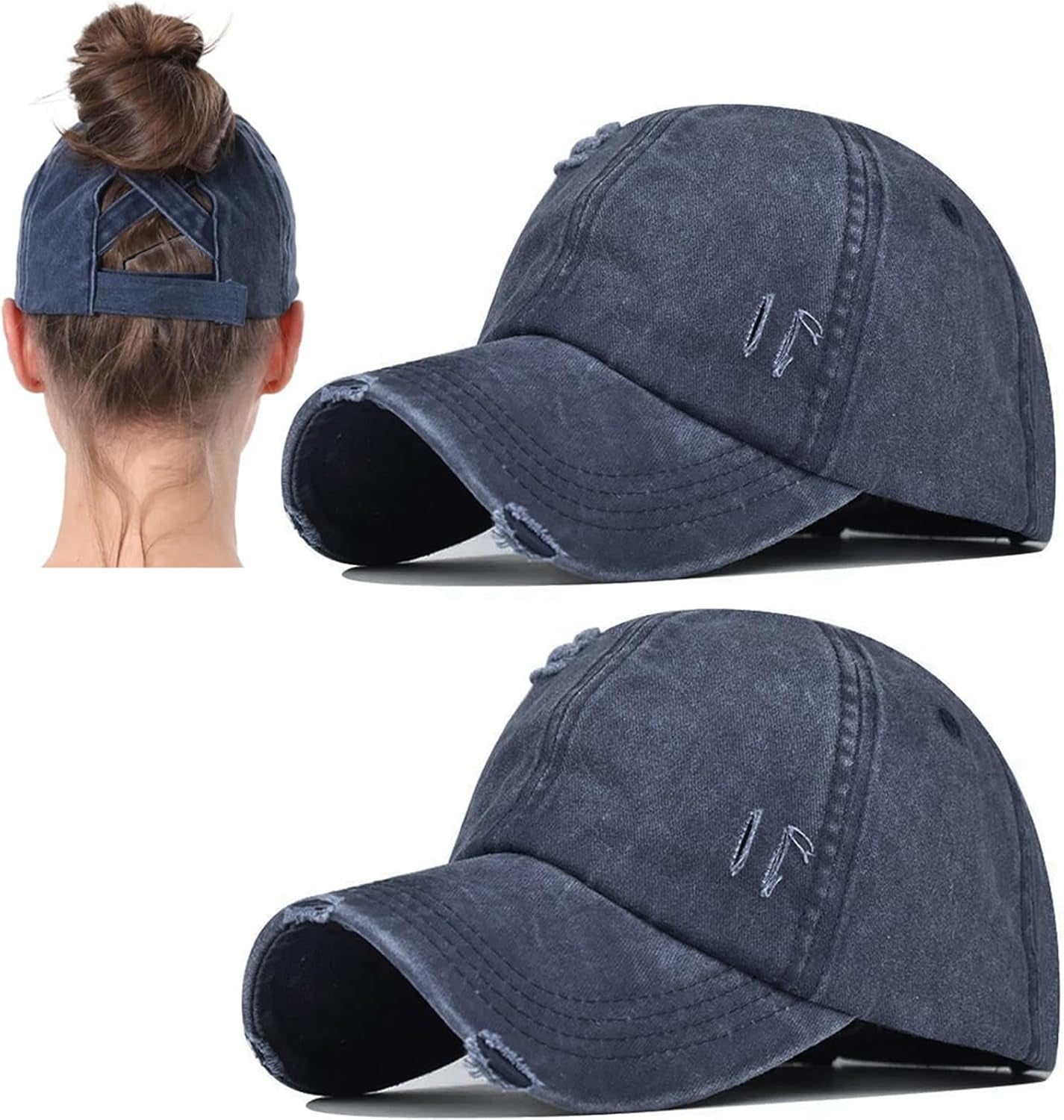 2 Packs Womens Ponytail Criss Cross Hat Baseball Cap Distressed ...