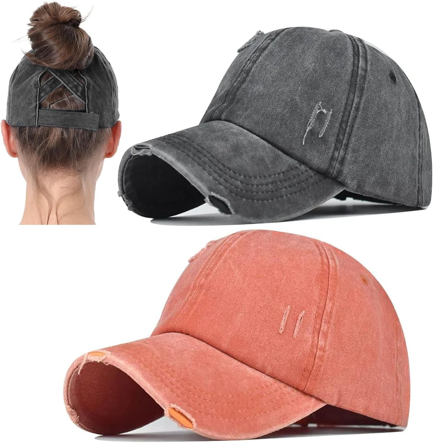 2 Packs Womens Ponytail Criss Cross Hat Baseball Cap Distressed ...
