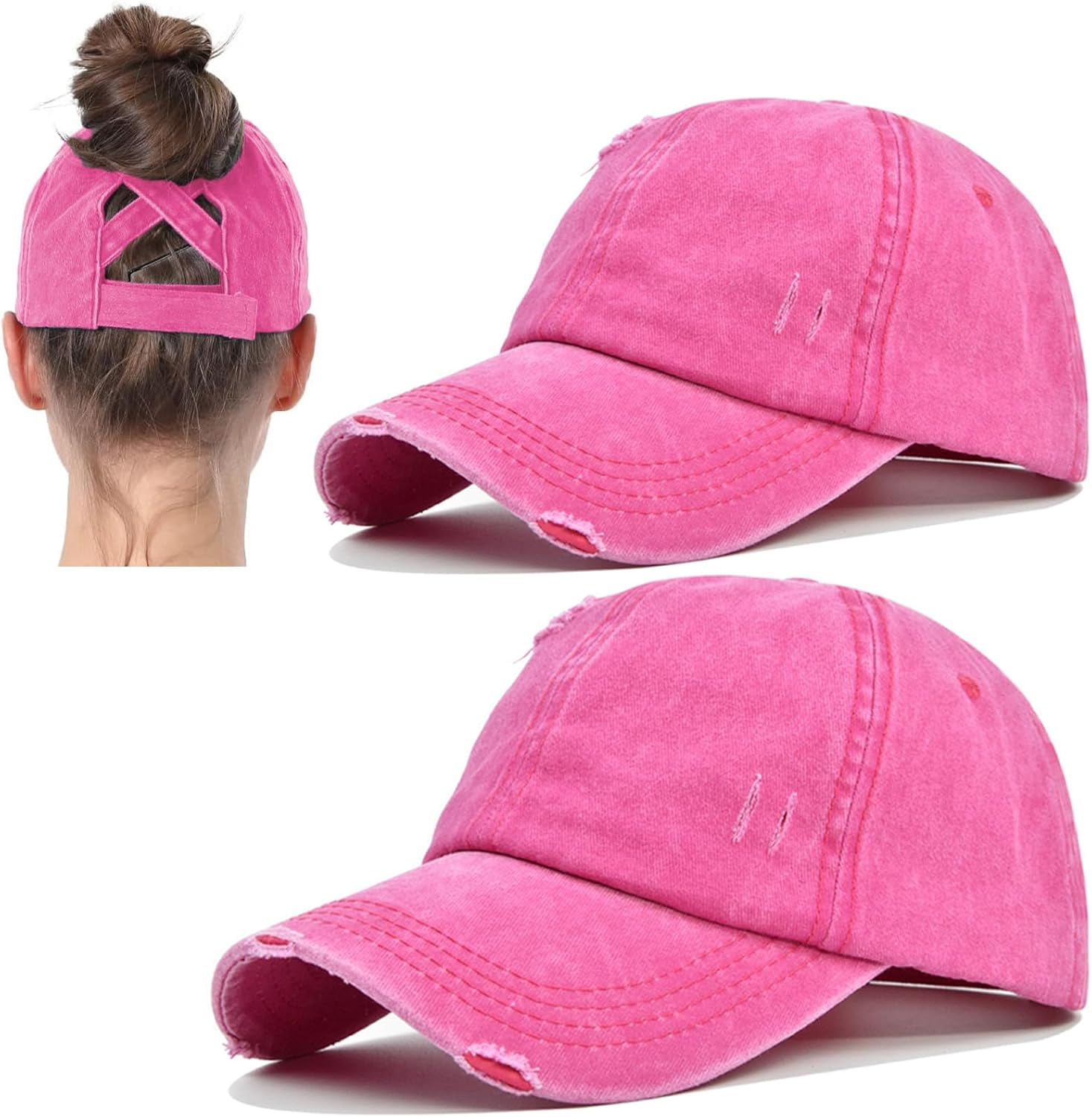2 Packs Womens Ponytail Criss Cross Hat Baseball Cap Distressed ...