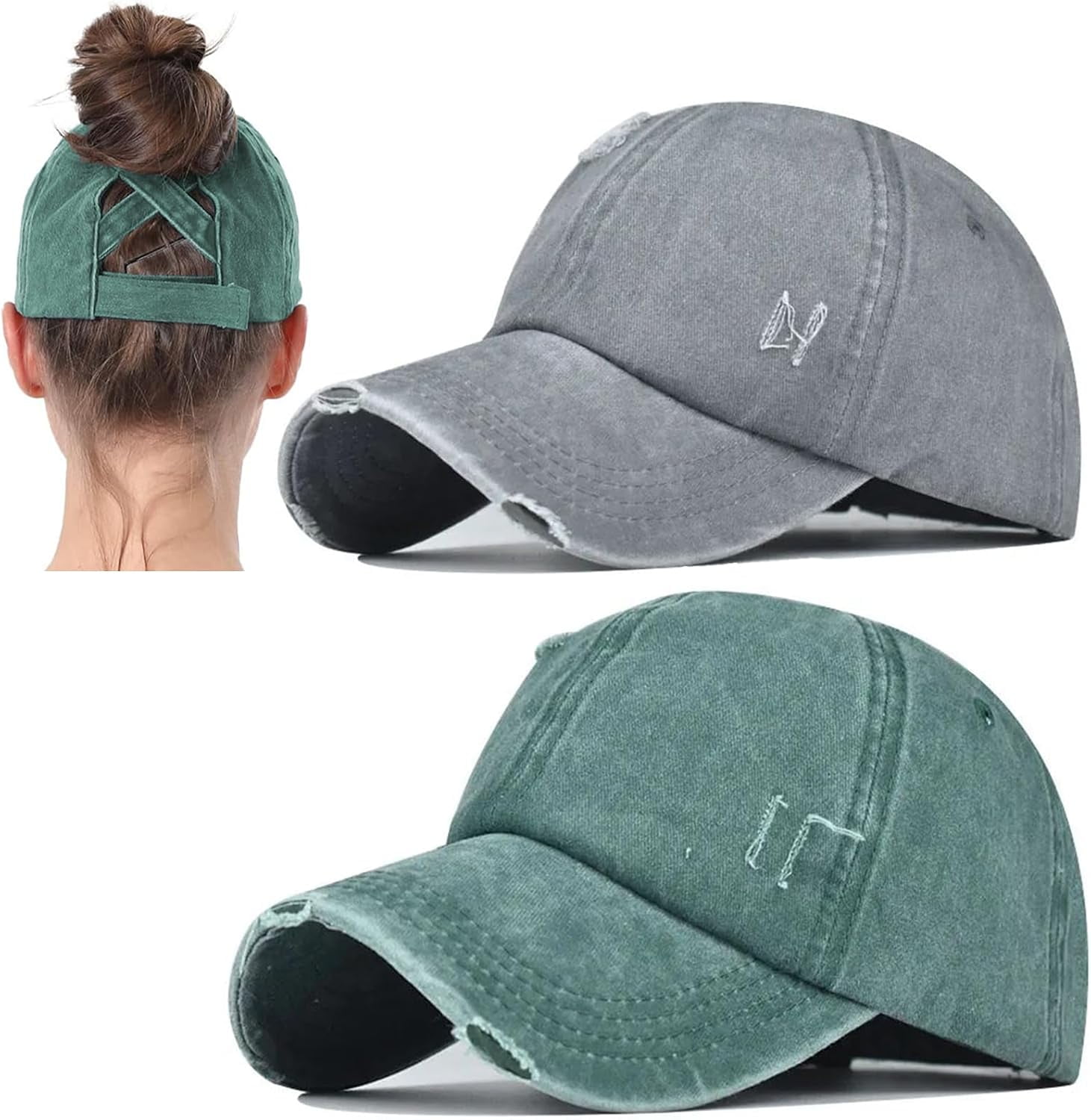 2 Packs Womens Ponytail Criss Cross Hat Baseball Cap Distressed ...