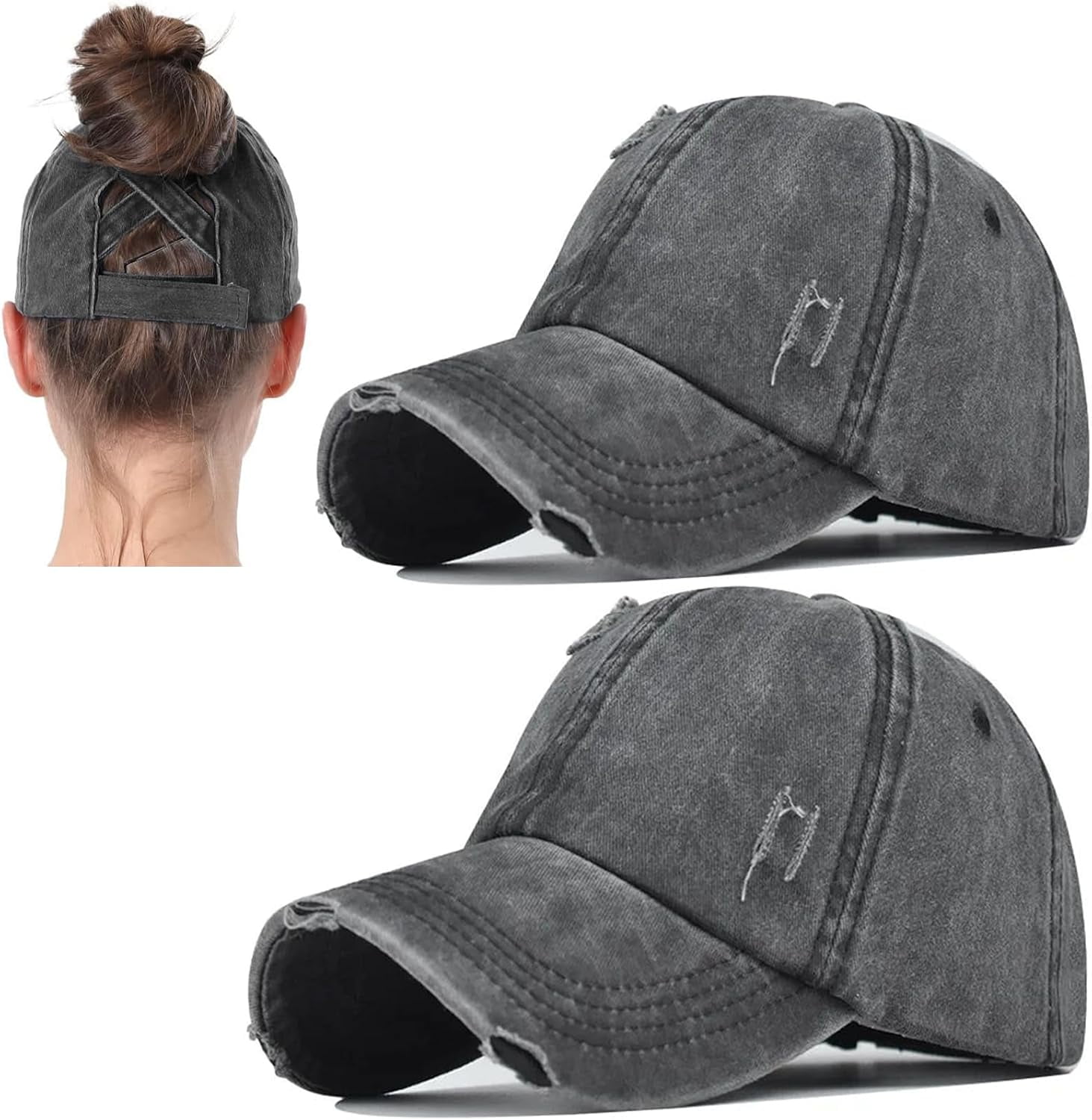 2 Packs Womens Ponytail Criss Cross Hat Baseball Cap Distressed ...