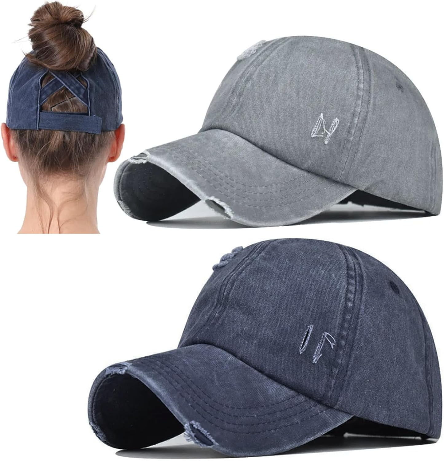 DTTRTHD Womens Ponytail Baseball Cap, 2 Pack, Distressed High Bun ...