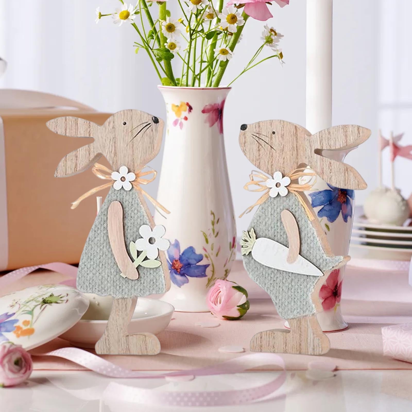 2 Packs Wooden Bunny, Easter Burlywood Rabbits for Spring Indoor Home ...