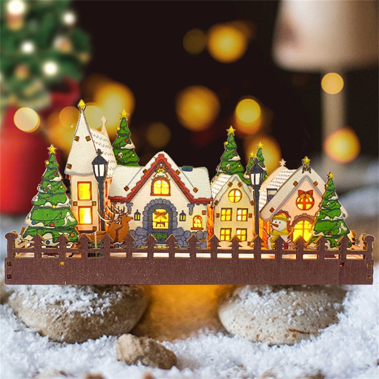 2 Packs Wooden Christmas Cottage Yard Decoration with Lights for Home ...