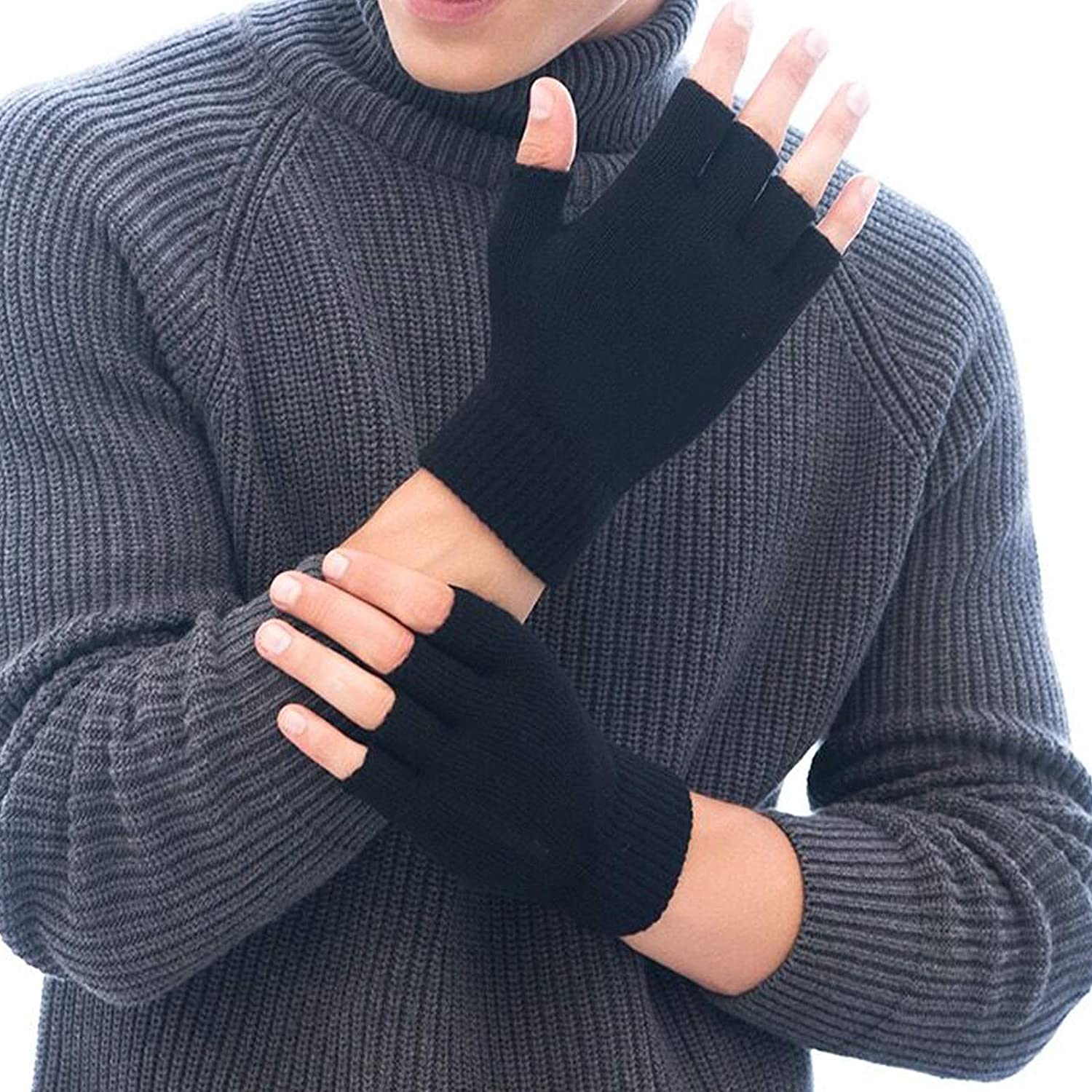 2 Pair Half Finger Gloves Winter Knit Touchscreen Warm Stretchy Mittens ...