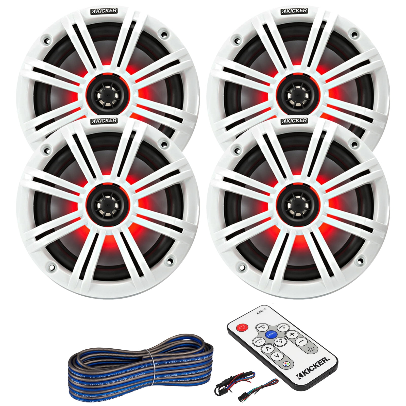 Kicker 6.5" 2-Way Marine LED Speakers, White Grilles, Remote, 50ft Wire ...