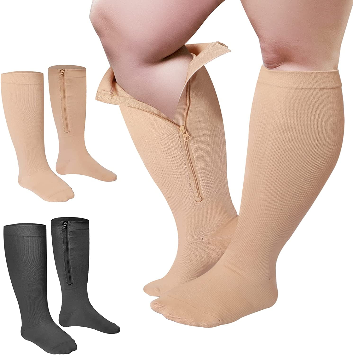 Medical Grade 2 Pair Wide Plus Size Calf Compression Socks with Zipper ...